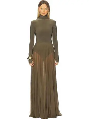 Norma Kamali Long Sleeve Turtleneck Flared Gown - Bark