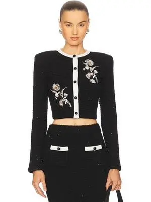 SELF-PORTRAIT Floral Textured Knit Jacket - Black
