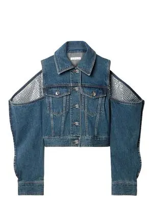 AREA Cutout Crystal-embellished Denim Jacket - Mid Denim