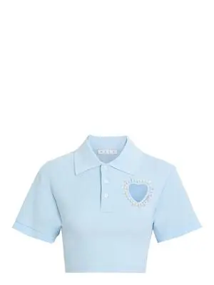 AREA Embellished Cropped Cotton-piqué Polo Shirt - Sky Blue