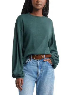 Treasure & Bond Blouson Sleeve Waffle Knit Top - Green Gables