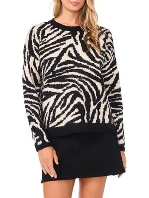 Vince Camuto Zebra Jacquard Crewneck Sweater - Rich Black