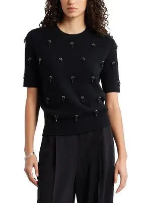Nordstrom Embellished Wool & Cashmere Short Sleeve Sweater - Black Rock Embellished