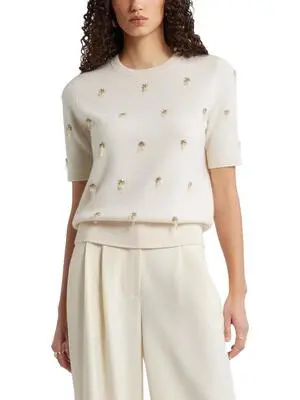 Nordstrom Embellished Wool & Cashmere Short Sleeve Sweater - Ivory Pristine Embellished