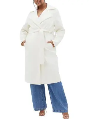 City Chic Tie Waist Double-breasted Coat - Cream