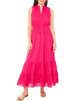 Vince Camuto Smocked Waist Sleeveless Tiered Maxi Dress - Bright Rose