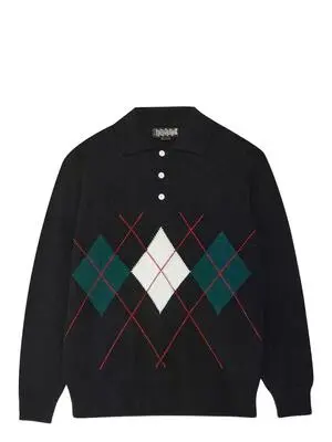 BARACUTA Argyle Button Polo Shirt - Black