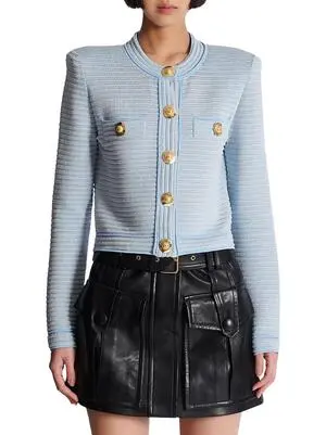 Balmain Long Sleeved Textured Knit Cardigan - Blue