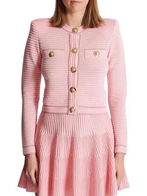 Balmain Long Sleeved Textured Knit Cardigan - Pink
