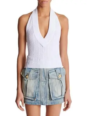 Balmain Cable Knit Halterneck Top - White