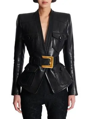 Balmain Leather Belted Jacket - Black