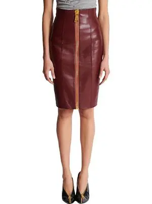 Balmain Lambskin Leather Pencil Skirt - Brown