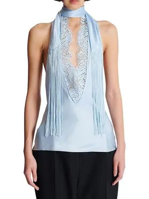 Balmain Backless Fringed Satin Top - Blue
