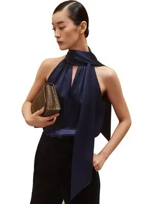 ME+EM Silk Satin Halterneck Top And Tie - Intense Evening Blue