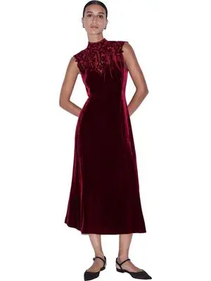 ME+EM Silk Blend Velvet Embroidered Midi Dress - Intense Red