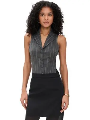 Fleur Du Mal Maxwell Bodysuit - Dark Grey Pinstripe