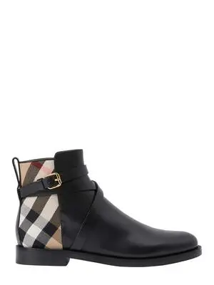 Burberry Check And Leather Ankle Boots - Black