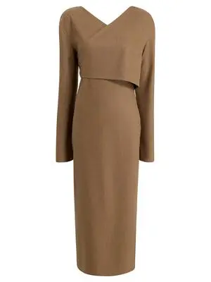 Khaite Aubrey Wrap-Front Wool Midi Dress Brown