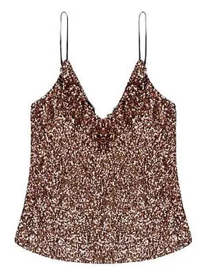 RO&ZO Sequinned Ruffle-neck Cami - Brown