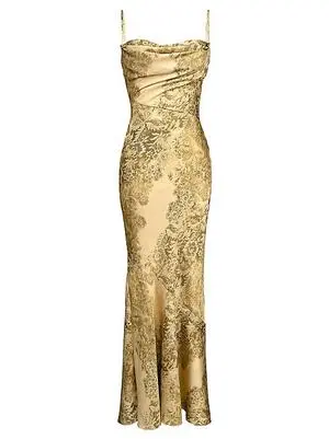 House Of Cb Printed Stretch-satin Maxi Dress - Gold