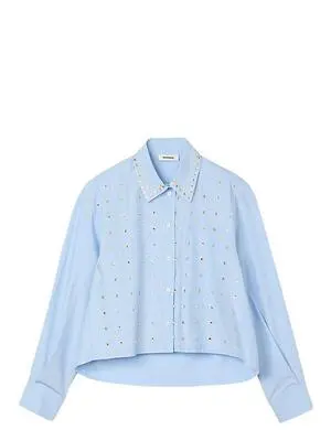 Sandro Rhinestone-embellished Cropped Cotton Shirt - Sky Blue