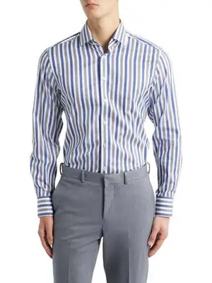 1863 BY ETERNA Slim Fit Stripe Non-iron Cotton Twill Dress Shirt - Blue Grey