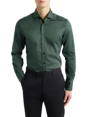 1863 BY ETERNA Slim Fit Solid Non-iron Cotton Dobby Dress Shirt - Dark Green
