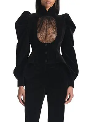 Alexander McQueen Lace Detail Velveteen Peplum Jacket - Black