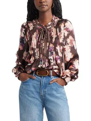 Treasure & Bond Pintuck Satin Top - Brown Flower Wash