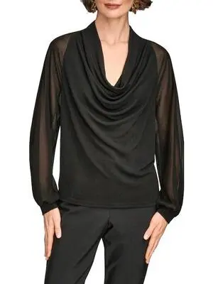 Donna Karan New York Sheer Sleeve Cowl Neck Top - Black