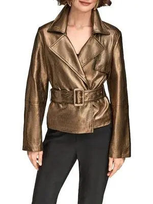 Donna Karan New York Metallic Leather Belted Moto Jacket - Dark Copper