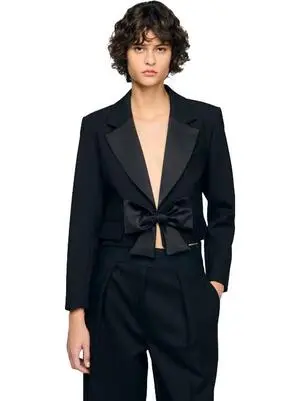 Sandro Cropped Spencer Jacket With Satin Bow - Black