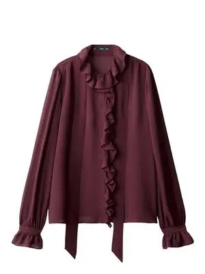 Mango Ruffle Front Button Down Shirt - Burgundy