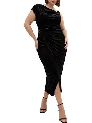 City Chic Vivi Asymmetric Velour Sheath Dress - Black