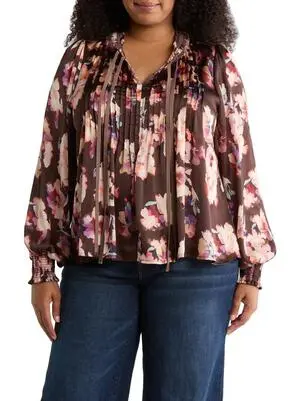 Treasure & Bond Pintuck Satin Top - Brown Flower Wash