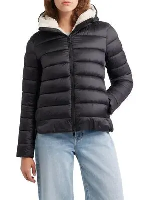 SAVE THE DUCK Gretel Faux Shearling Lined Hooded Puffer Jacket - Black