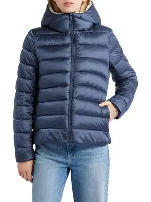 SAVE THE DUCK Gretel Faux Shearling Lined Hooded Puffer Jacket - Night Blue