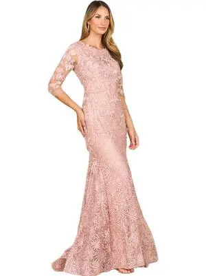 LARA NEW YORK Lace Mermaid Gown With Rhinestone Embellishments - Blush