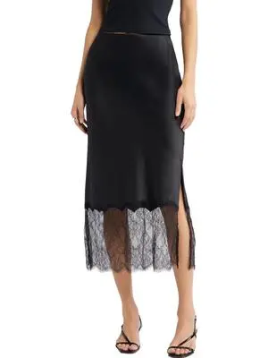 OPEN EDIT Satin Midi Skirt With Lace Trim - Black