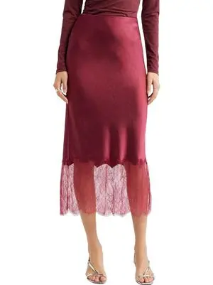 OPEN EDIT Satin Midi Skirt With Lace Trim - Burgundy Beet