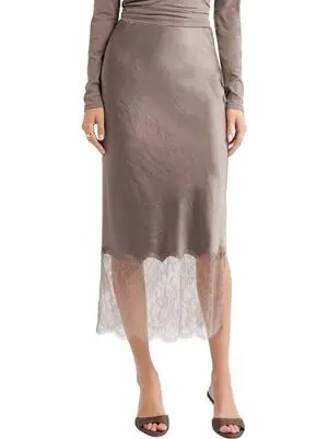 OPEN EDIT Satin Midi Skirt With Lace Trim - Tan Dusk