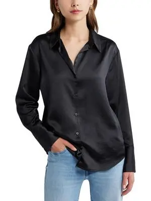 OPEN EDIT Relaxed Fit Satin Button-up Shirt - Black