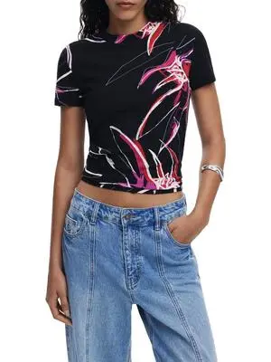 Desigual Floral Ribbed T-shirt - Black