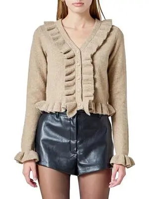 Endless Rose Ruffle Trim Crop Cardigan - Tan