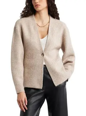 Nordstrom One-button V-neck Ribbed Cardigan - Tan Etherea Heather