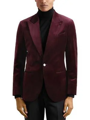 REISS Apsara Velvet Regular Fit Peak Lapel Blazer - Bordeaux