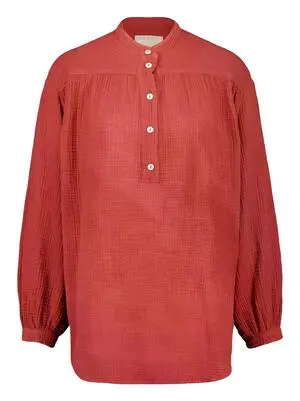 120% Lino Button Long-sleeve Blouse - Red