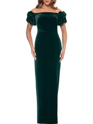 XSCAPE EVENINGS Ruched Off-the-shoulder Gown - Hunter