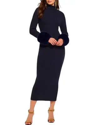 Ramy Brook Linda Faux Fur Trim Open Back Ribbed Dress - Navy