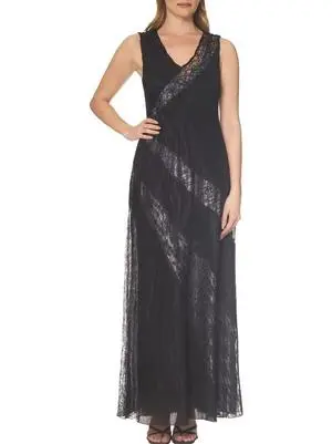 Komarov Lace Inset Chiffon & Charmeuse Gown - Black/true Steel